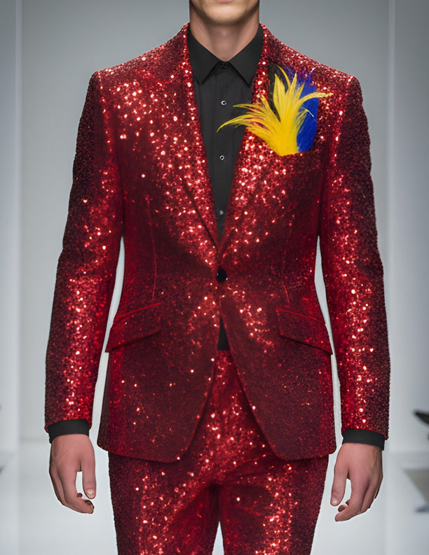 Red sequin suit with a colorful feather boutonniere in his chest pocket ...