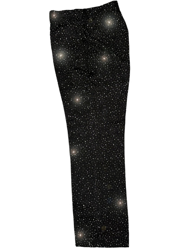 Black rhinestone men's pants with star pattern on a white background